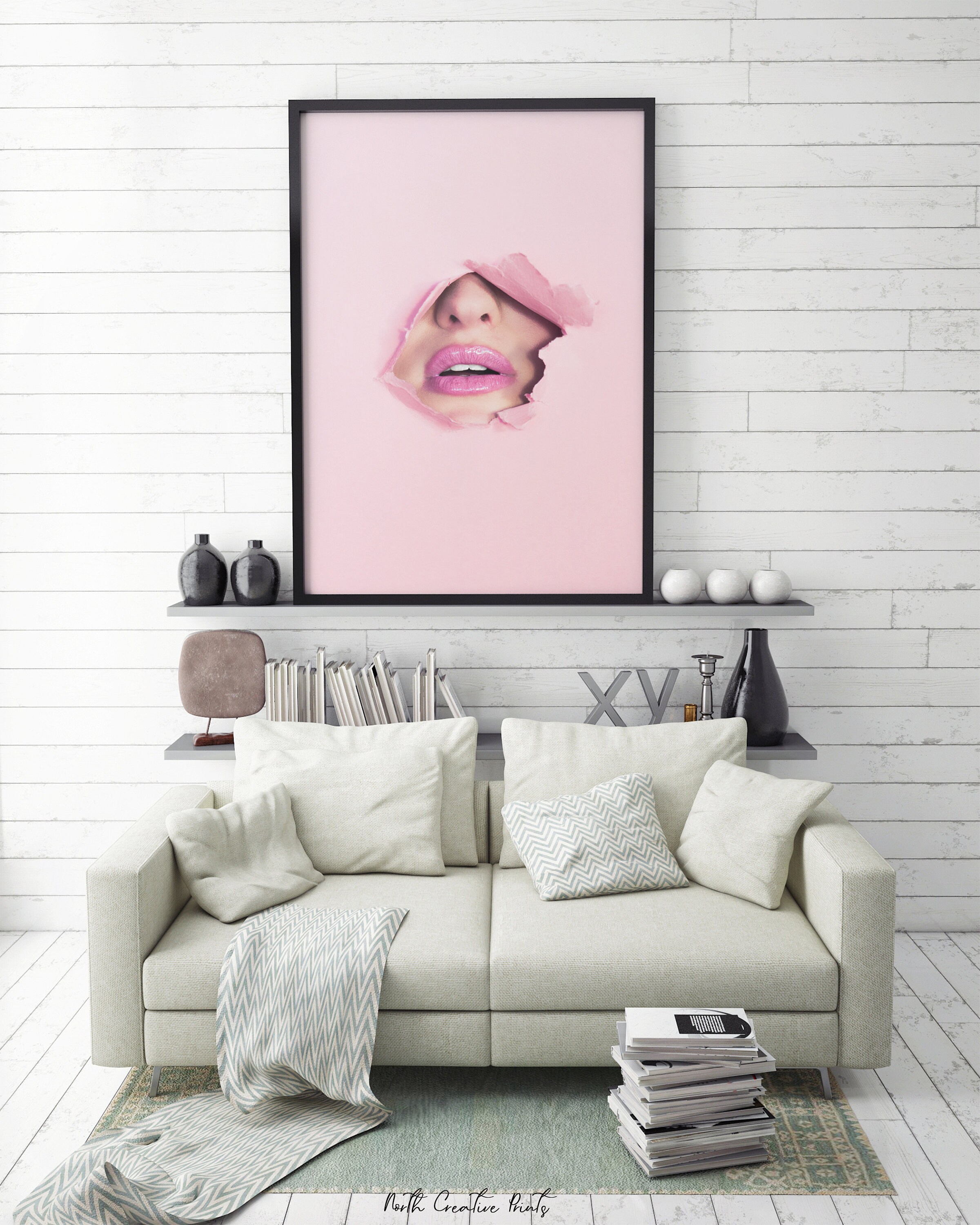 Pink Lips Print Woman With Pink Lipstick Wall Art Woman | Etsy