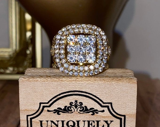 Men's Ice Out Ring, 14k Gold 5X Layered Diamond Cz Ring, Designer Big ...