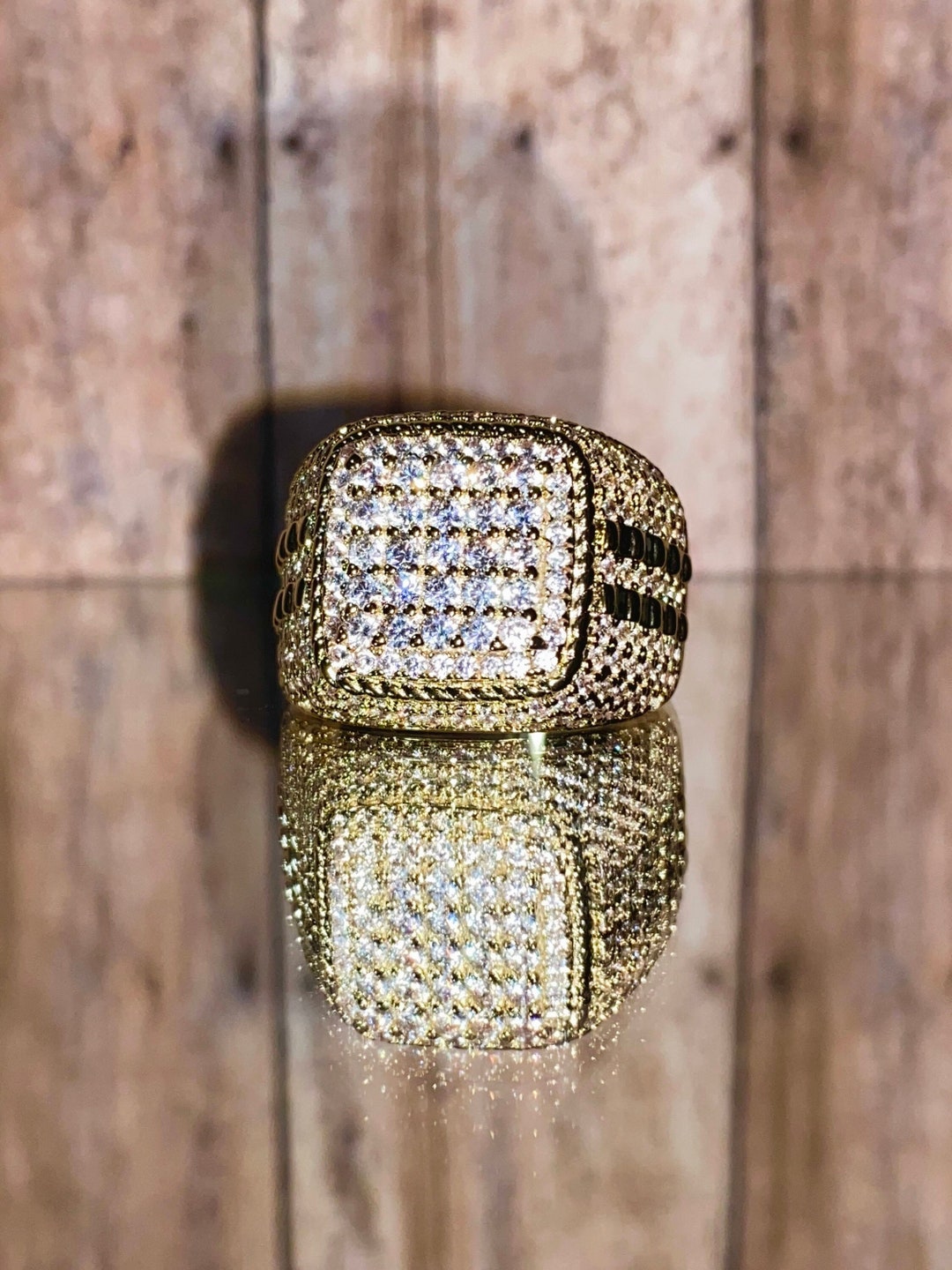 Men's Ice Out Ring, 14k Gold 5X Layered Diamond Cz Ring, Designer Big ...