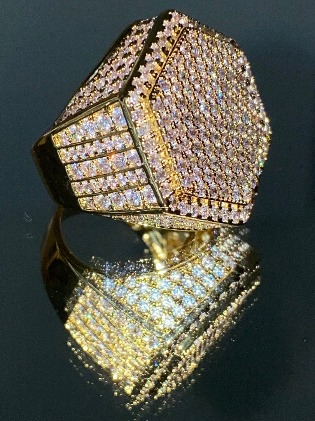 Men's Ice Out Ring,14k Gold 5X Layered Diamond Cz Ring, Designer Big ...