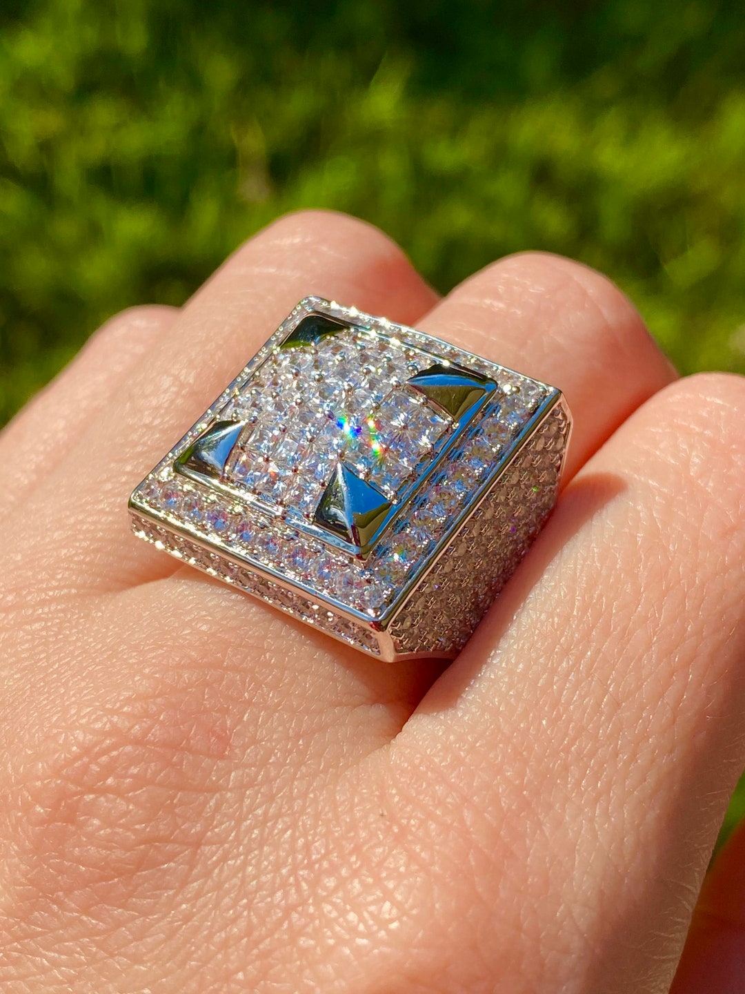 Men's Ice Out Ring, Silver 5X Layered Diamond Cz Ring, Designer Big ...