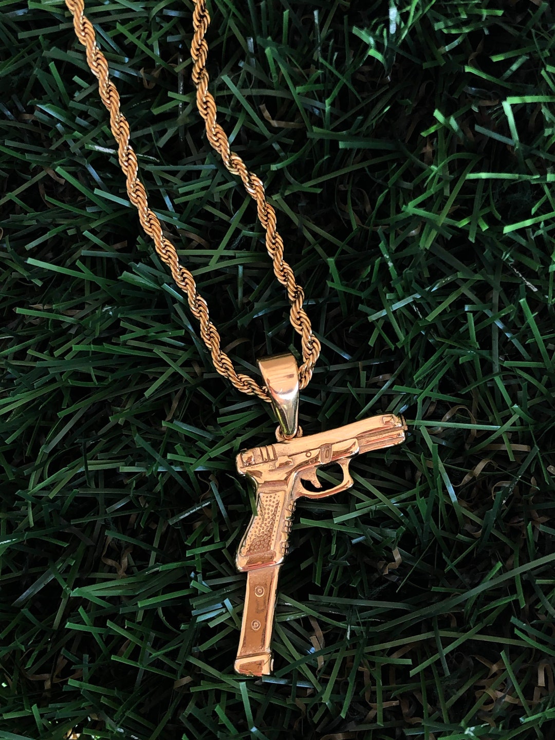 Men's 14k Gold 5X Layered Stainless Steel Gun Pendant, Rope Chain ...