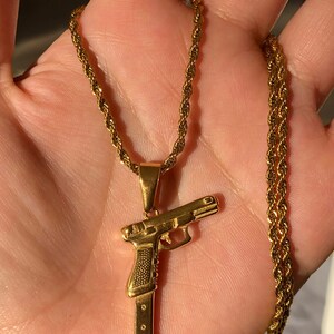 Men's 14k Gold 5X Layered Stainless Steel Gun Pendant, Rope Chain ...