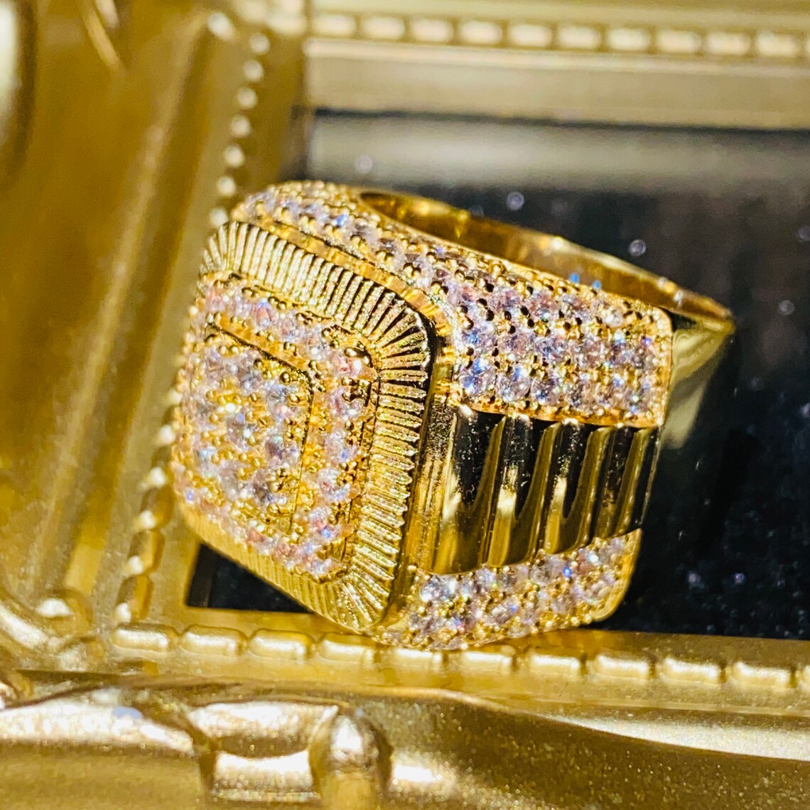 Men's Iced Out Ring 14k Gold 5X Layered Diamond Cz Ring | Etsy