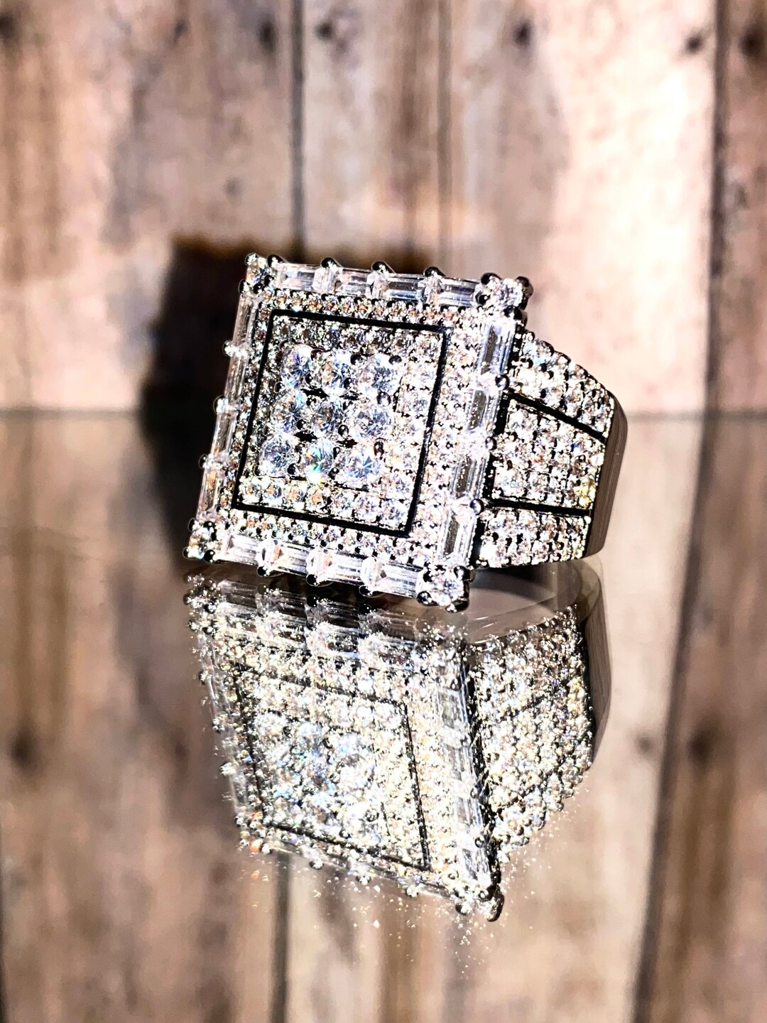 Men's Ice Out Ring, Silver 5X Layered Diamond Cz Ring, Designer Big ...