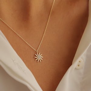 Mini Sun Pendant, 14K Gold Necklace, Celestial, Gift for Her, Real Gold ...