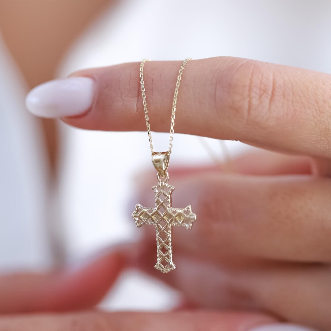 14k Solid Gold Cross Necklace, Gold Patterned Cross Necklace, Catholic ...