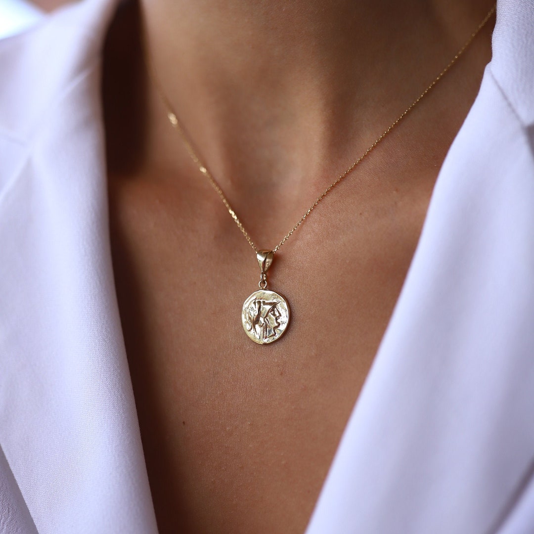 14K Gold Medallion Necklace, Antique Gold Coin Pendant, Layering ...