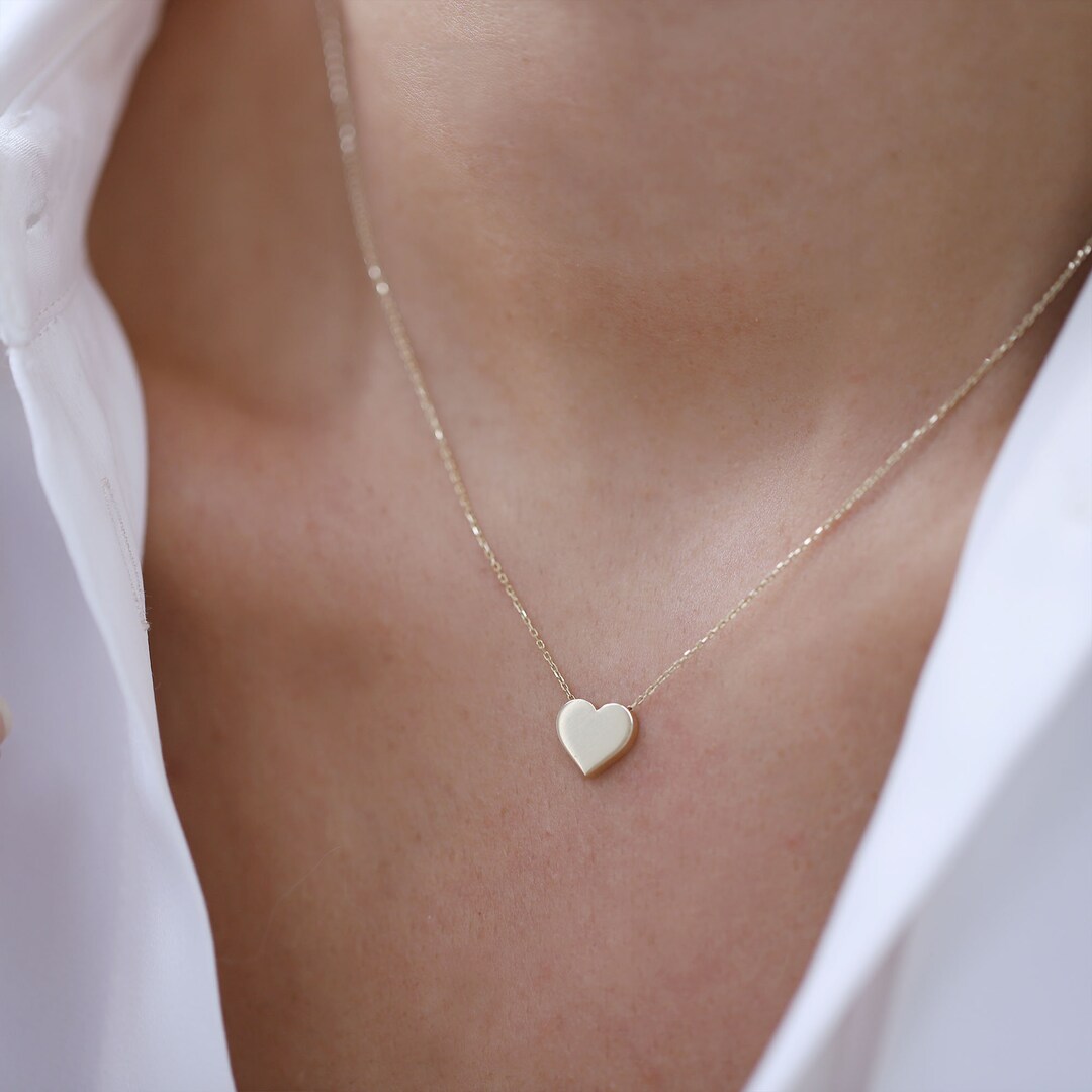 14K Gold Medium Heart Necklace, Real Gold, Heart Pendant, Love Necklace ...