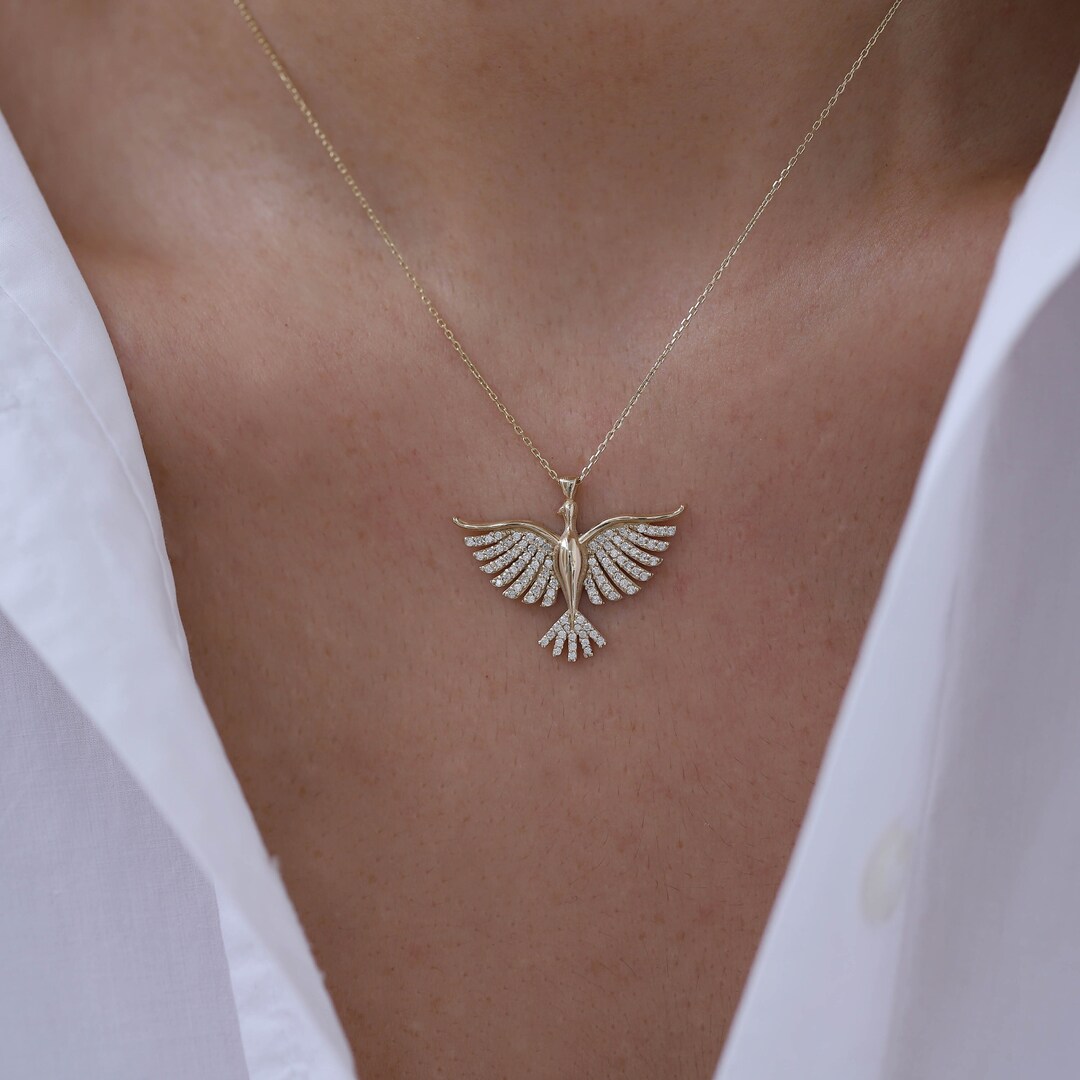 14K Gold Diamond Large Phoenix Bird Necklace,fire Bird Necklace,simurgh ...