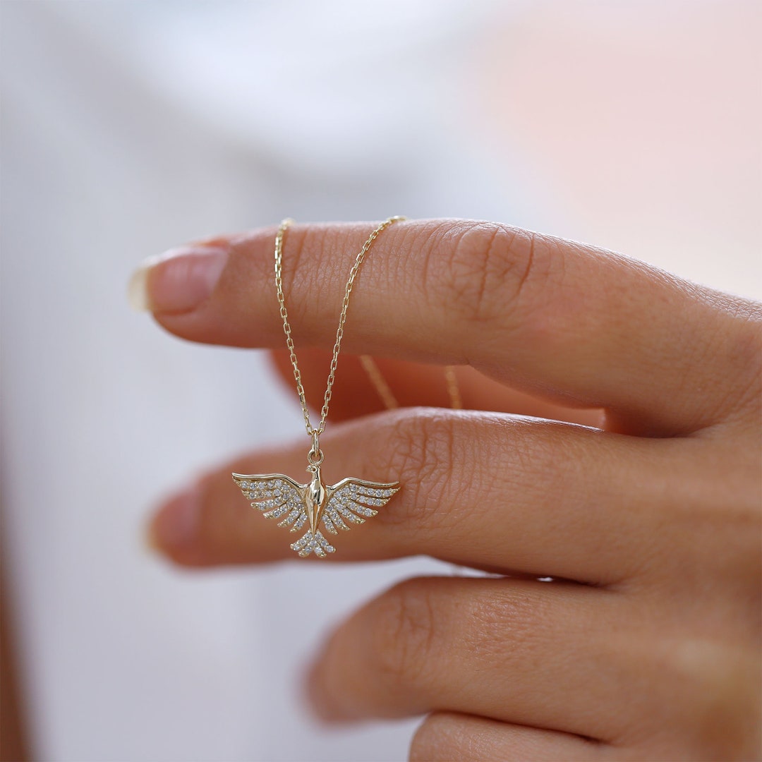14K Gold Diamond Phoenix Bird Necklace, Fire Bird Necklace, Simurgh ...