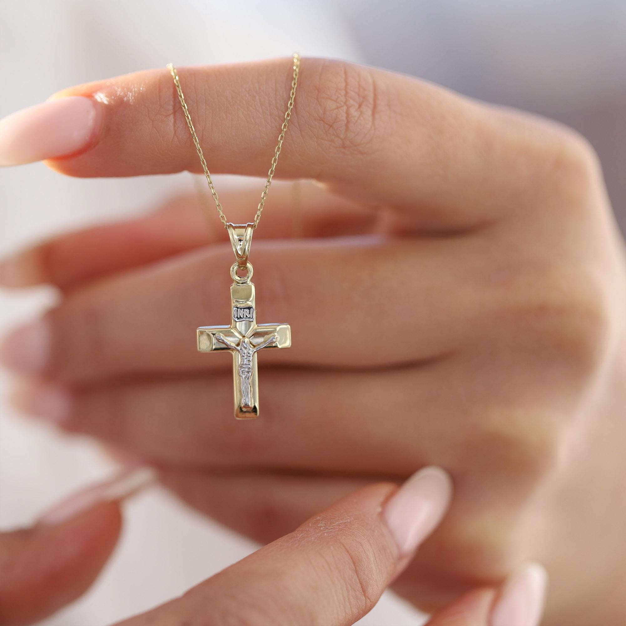 14k Gold Cross Necklace, Real Gold Cross Pendant, Gold Brilliant ...