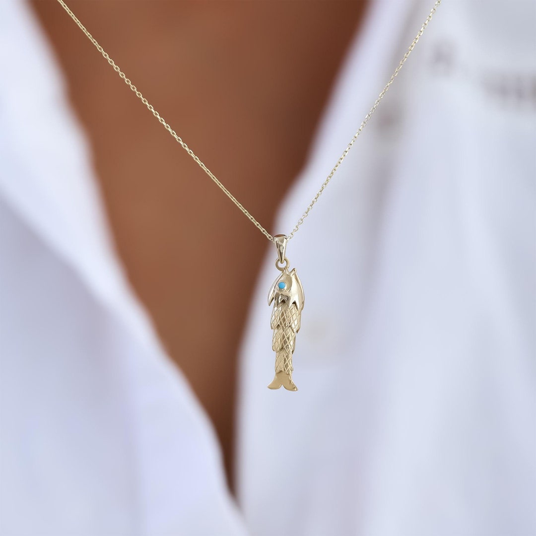 14k Gold Fish Necklace: Turquoise Eye Charm Pendant - Etsy