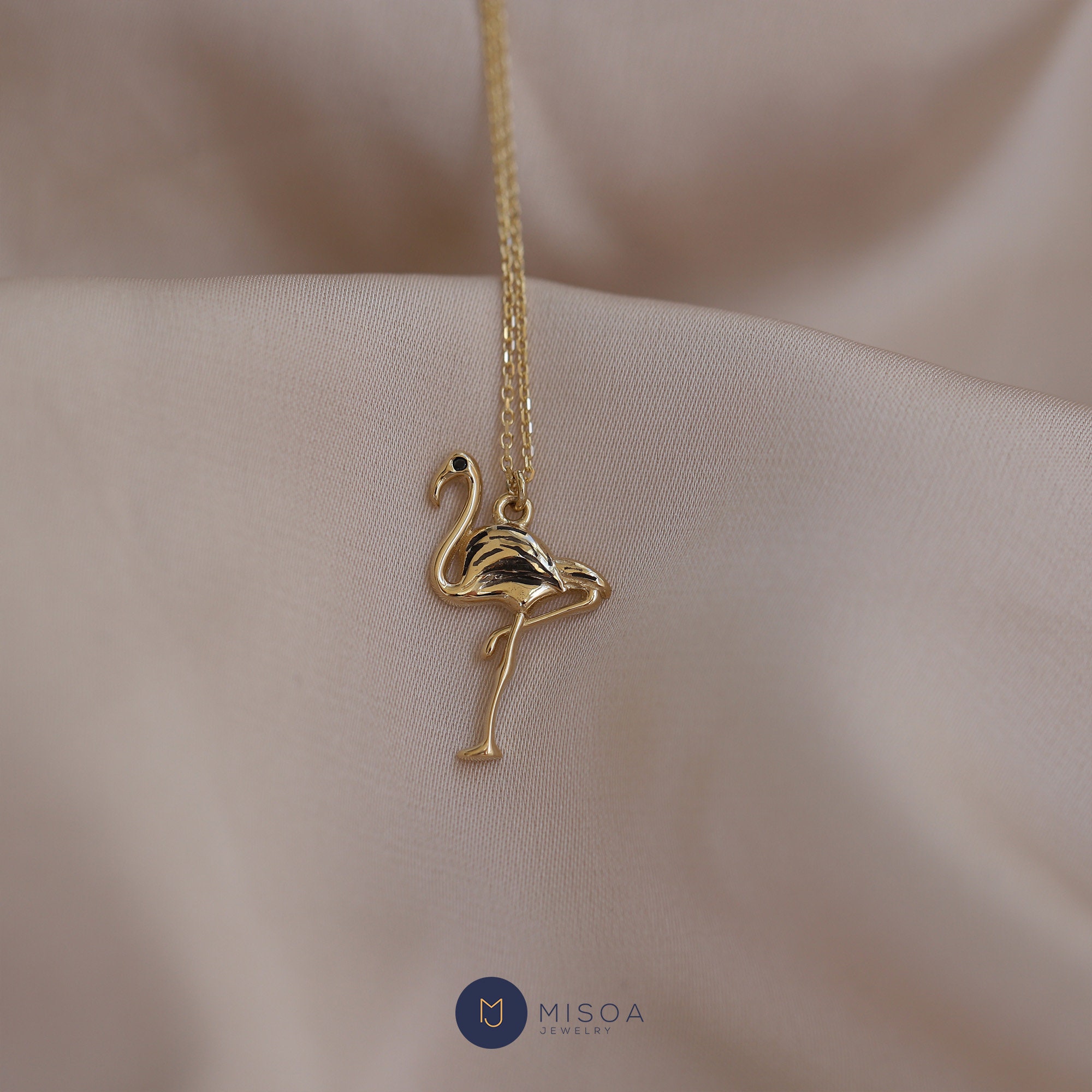 14K Gold Flamingo Pendant, Chain Necklace, Gold Chain, Animal Lover ...