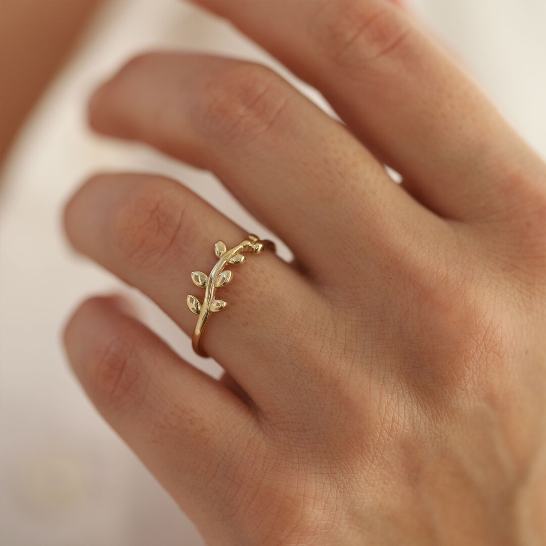 14K Solid Gold Thin Olive Leaf Ring, Minimal Stackable Ring, Wrap Ring ...