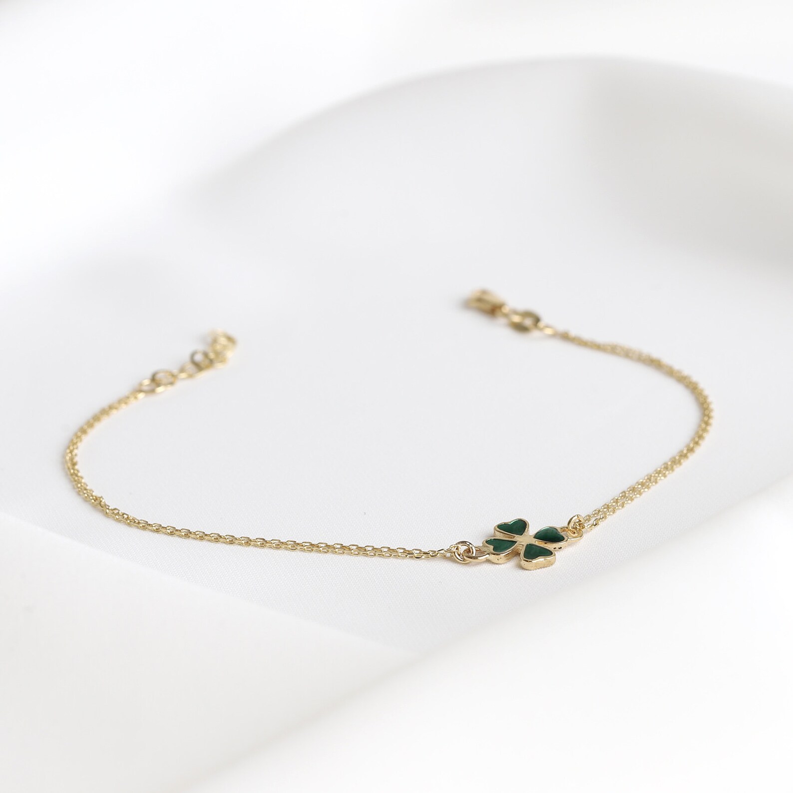 14K Gold & Green Enamel Four-leaf Clover Bracelet Dainty | Etsy