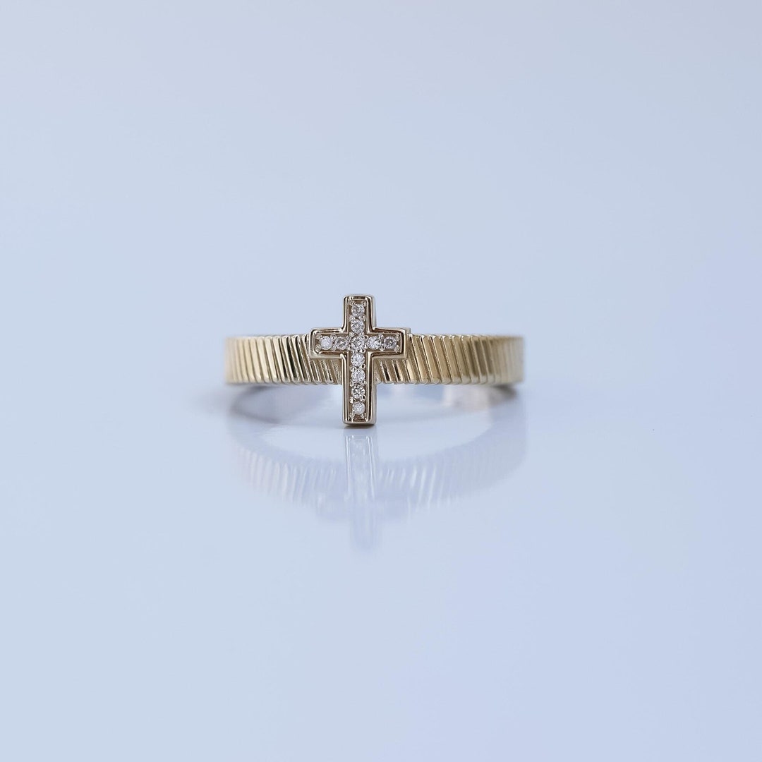 14k Solid Gold Diamond Cross Ring, Gold Signet Cross Ring, Diamond ...