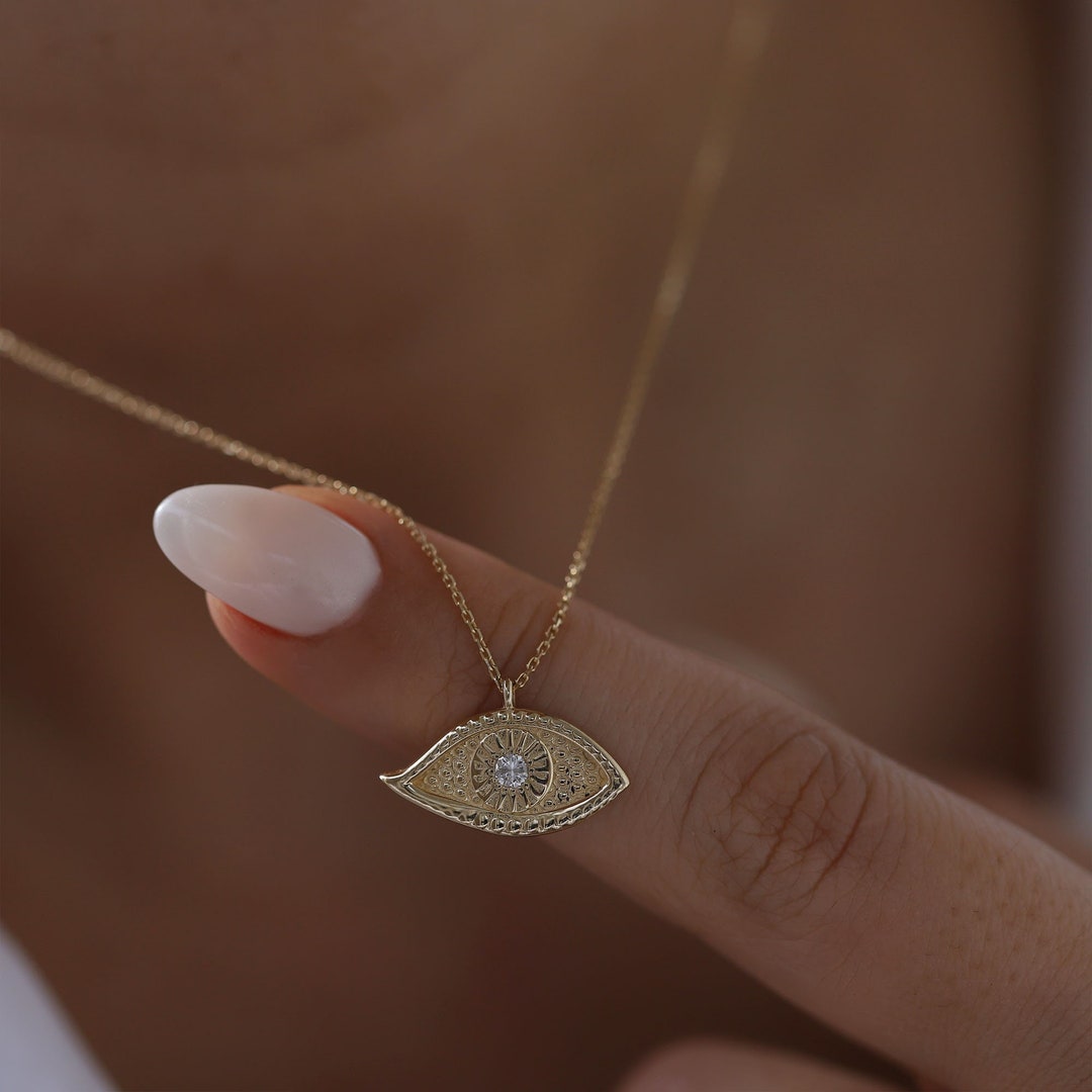 14K Gold Diamond Eye Necklace, Evil Eye, Good Luck, Gift for Her ...