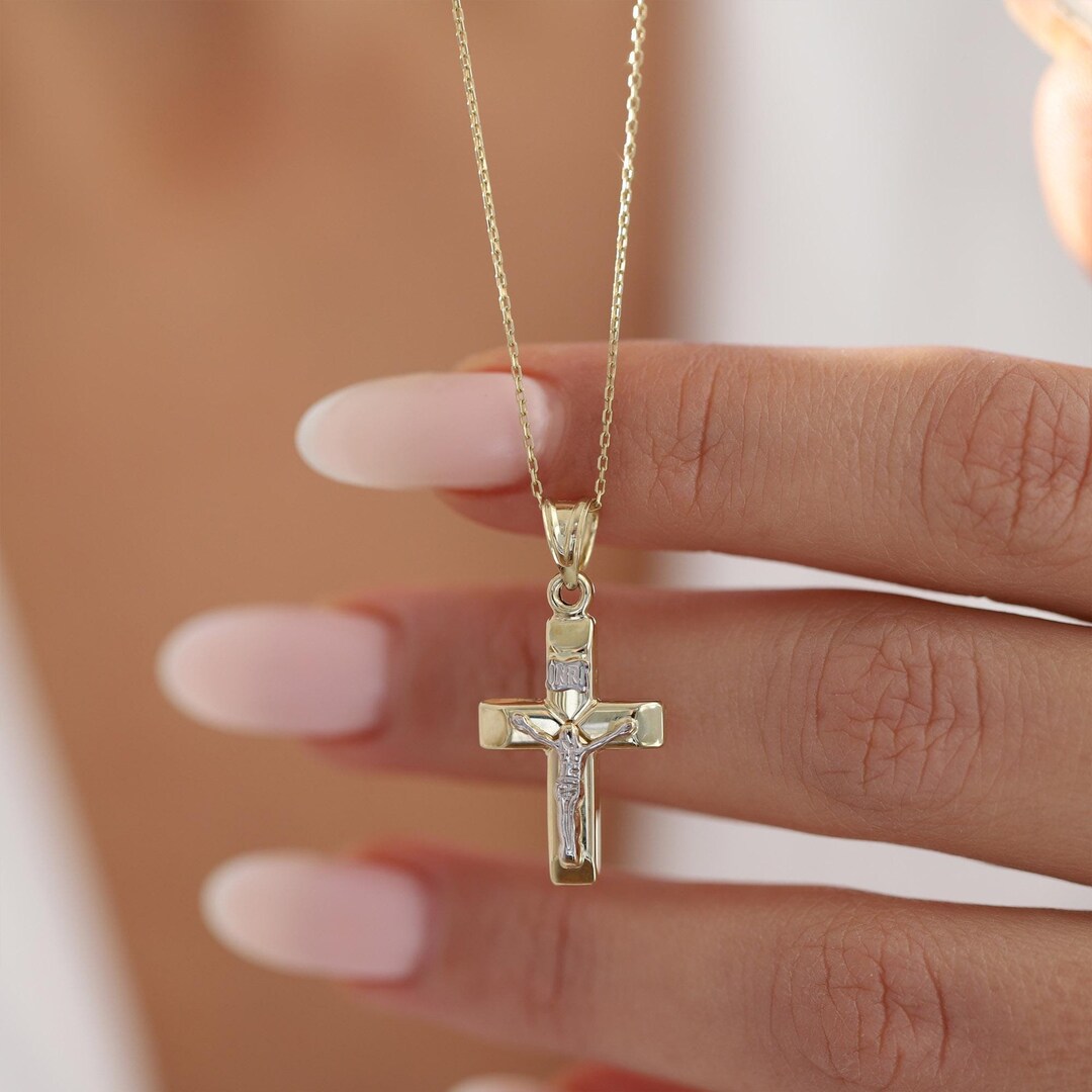 14k Gold Cross Necklace, Real Gold Cross Pendant, Gold Brilliant ...
