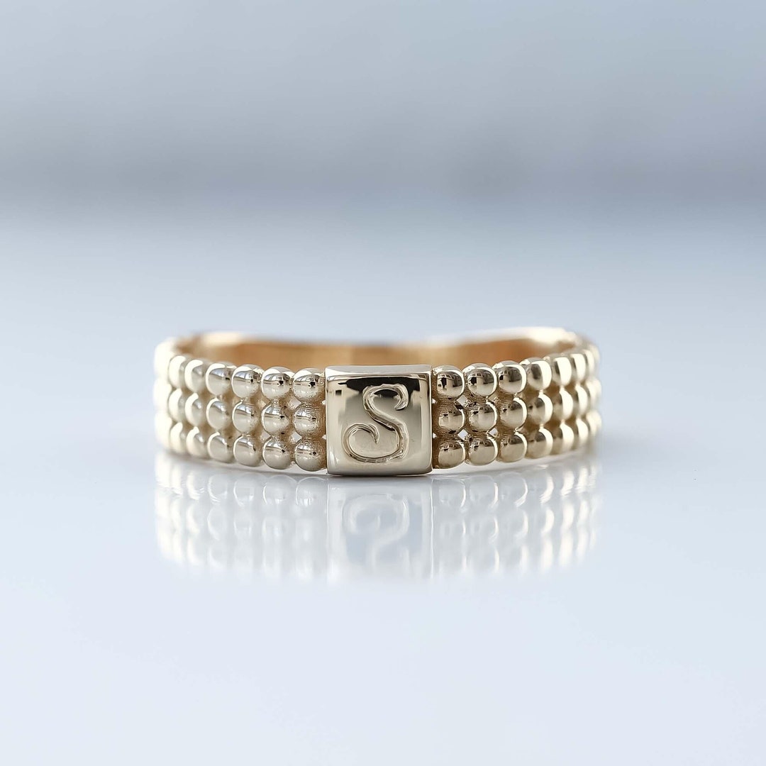 14K Gold Wedding Inital Beaded Band, Gold Dorica Ring, Gold Letter Bulk ...