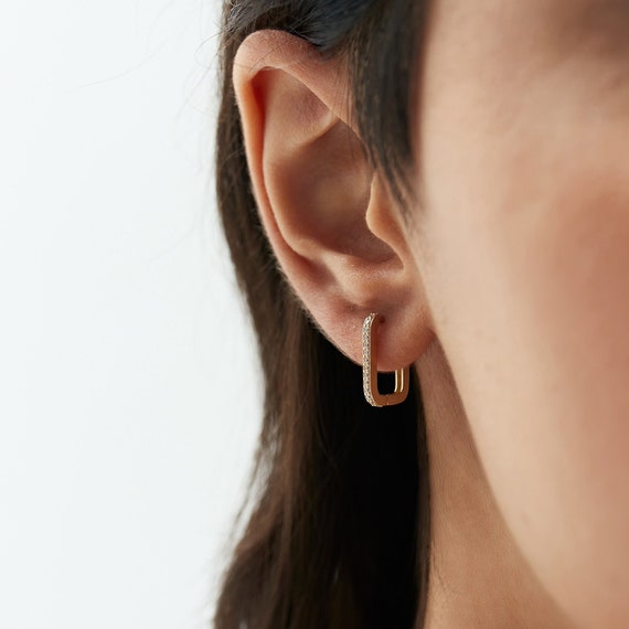 Thin Pave Rectangle Hoop Earrings 14K Gold Minimalist Gold Hoops Gift for Her Everyday Jewelry Cz Diamond Square Hoops Piercing Etsy