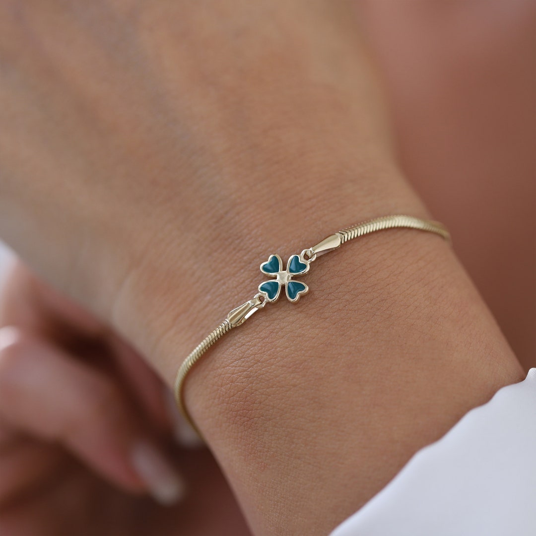 14K Gold & Green Enamel Four-leaf Clover Snake Chain Bracelet, Dainty ...
