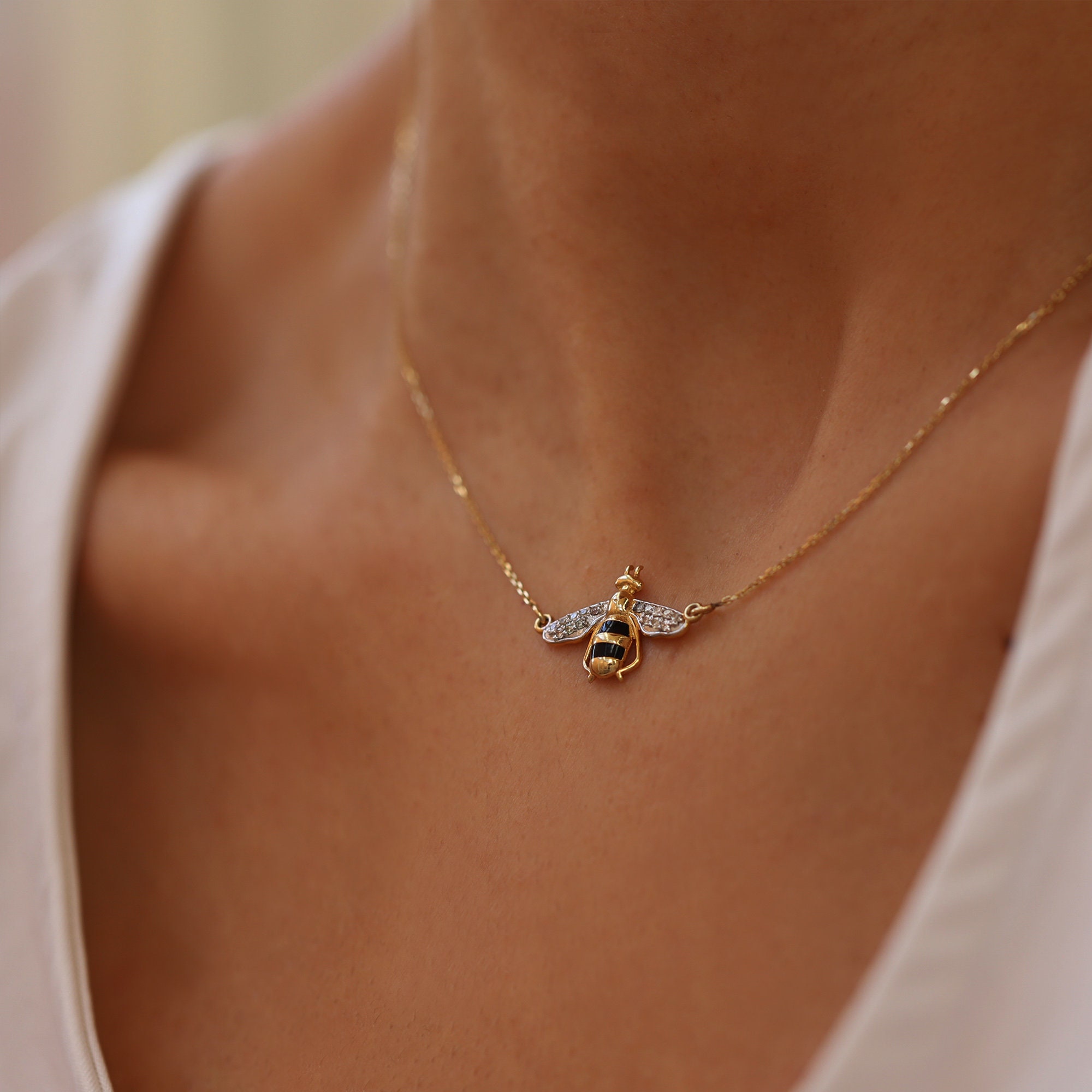 Diamond Bee Pendant, 14K Gold Chain Necklace, Gold Chain, Animal ...