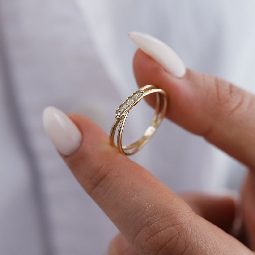 14K Gold Diamond X Ring, Cross Over Ring, Minimal Wedding Band, Promise ...