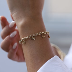 14K Gold 5 Elephants Charm Bracelet, Rolo Chain, Minimalist Fine ...