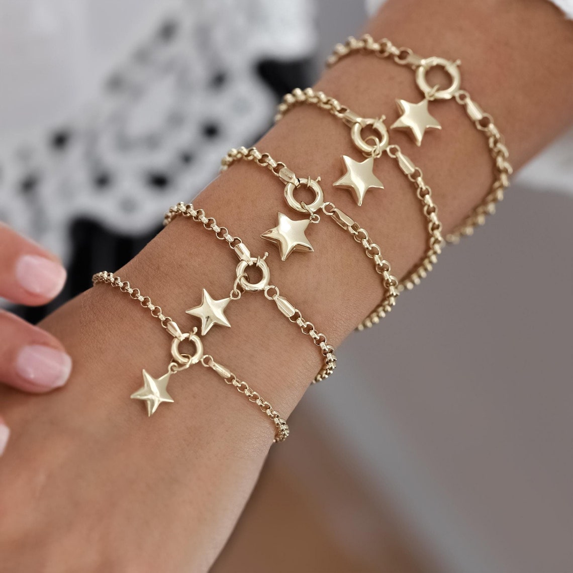14k Gold Star Rolo Chain Bracelet, Celestial Jewelry - Etsy