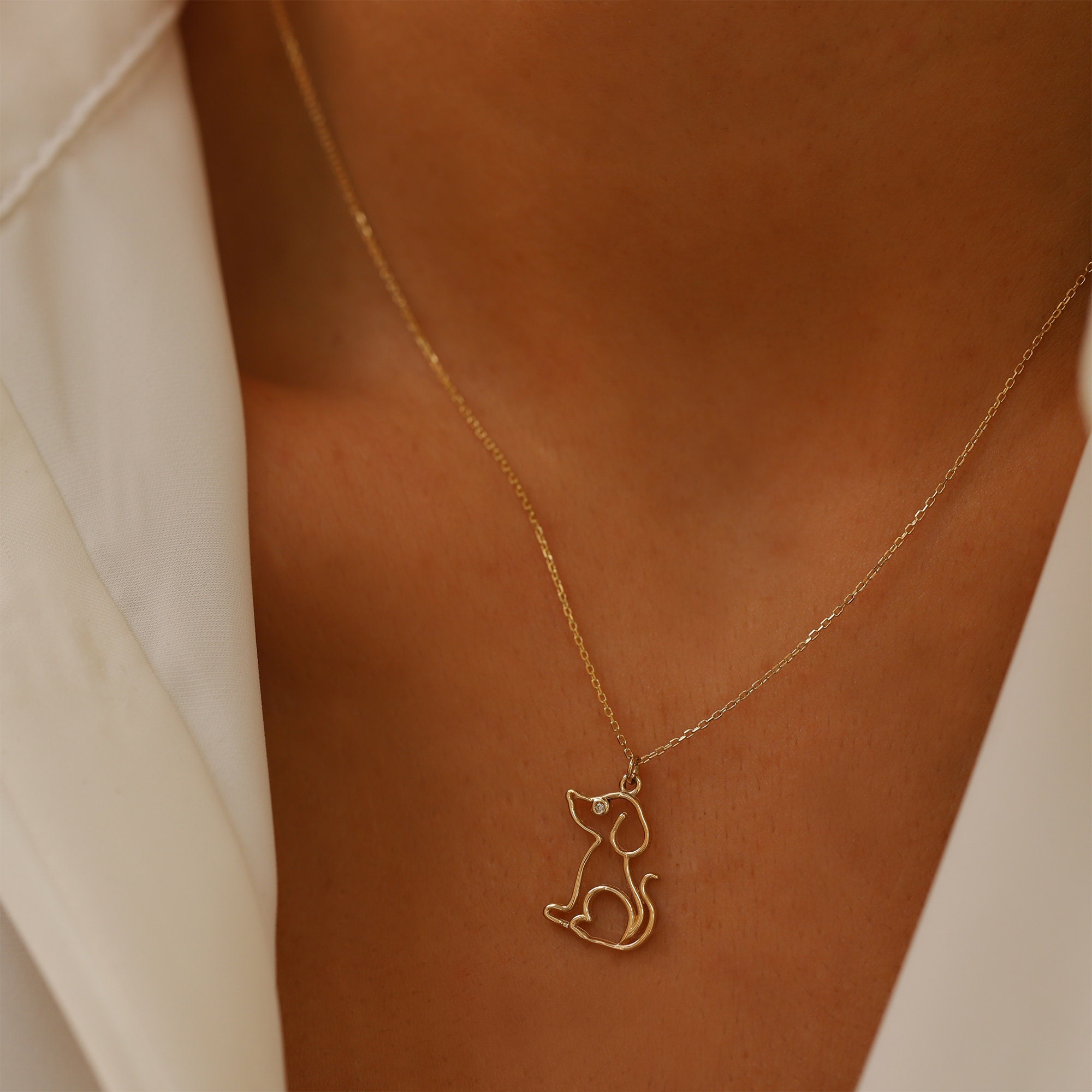 Diamond Dog Necklace, 14K Gold, Dainty Puppy Pendant, Minimalist ...
