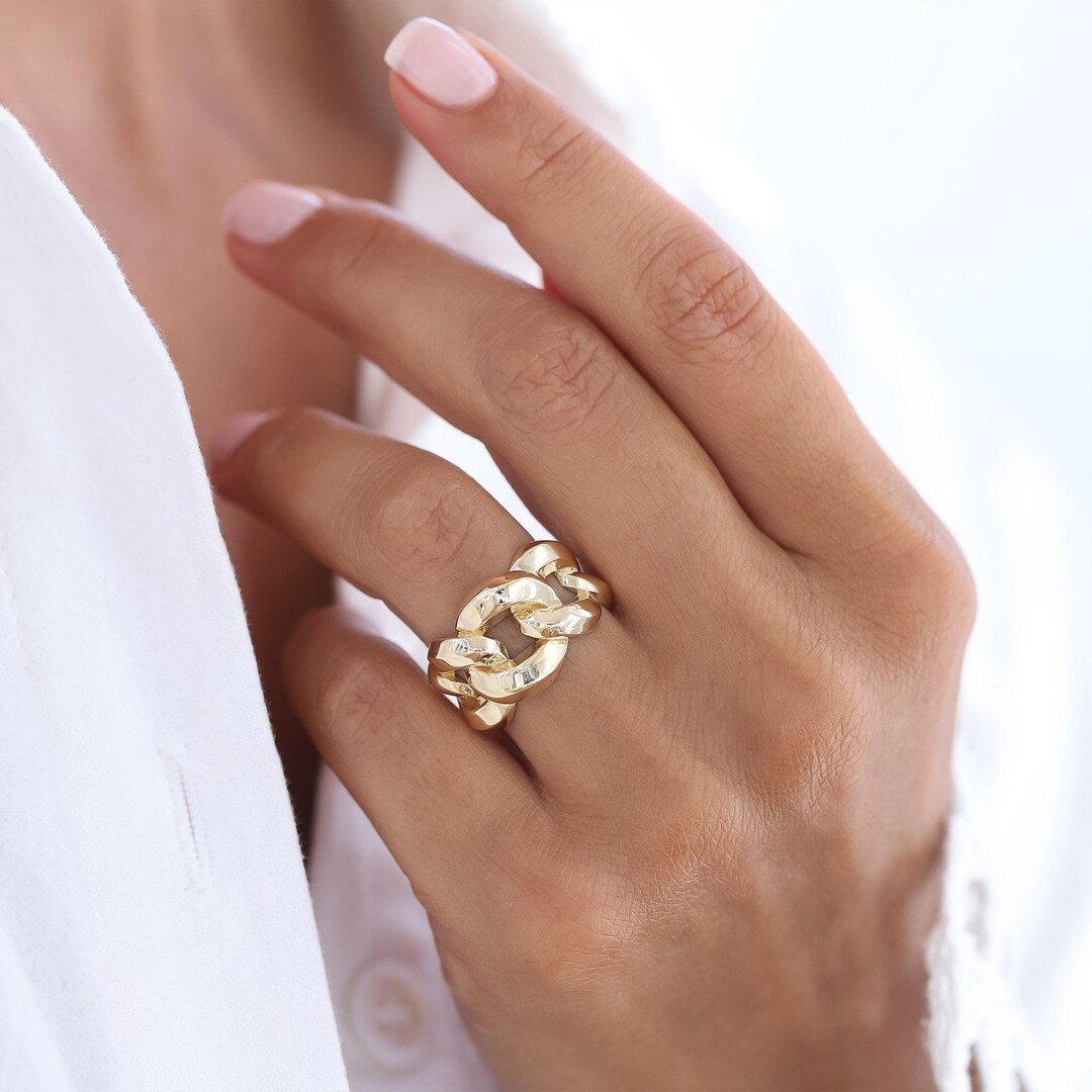 14k Gold Curb Chain, Gold Cuban Link Chain Ring, Gold Knot Ring ...