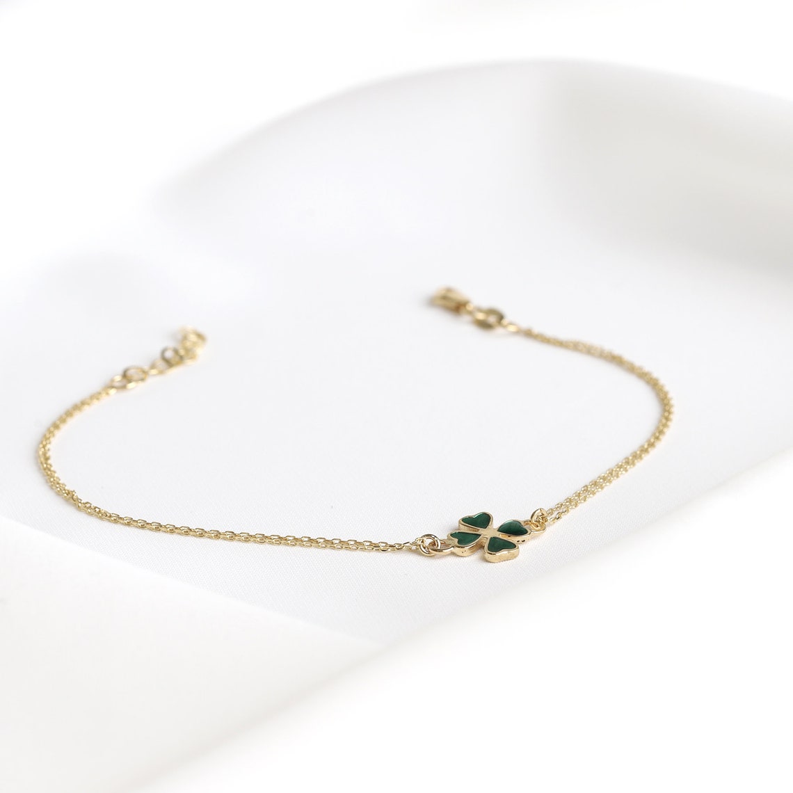 14K Gold & Green Enamel Four-leaf Clover Bracelet, Dainty Stacking ...