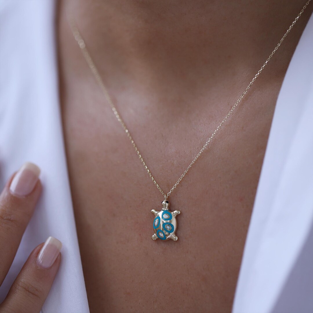 14K Gold Turquoise Enamel Turtle Pendant, Gold Chain, Animal Jewelry ...