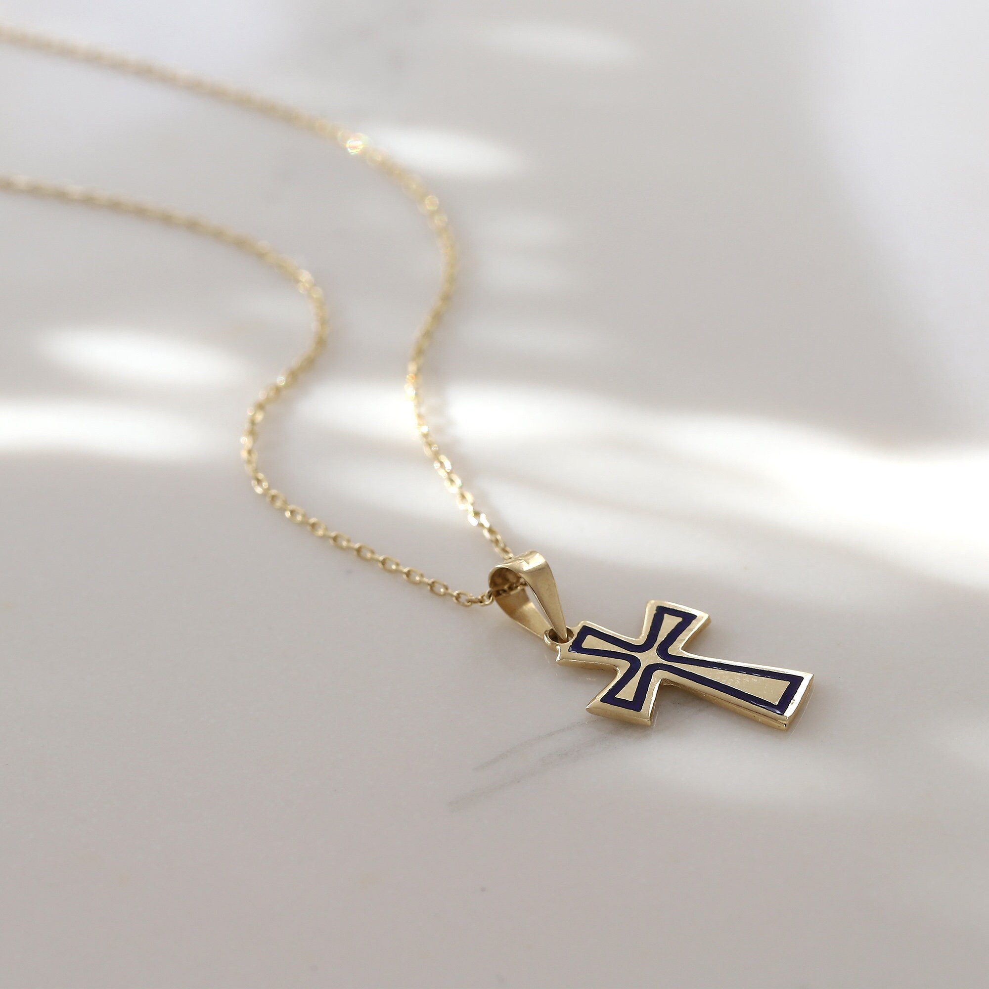 14K Gold Cross Pendant Necklace, Navy Enamel Border, Minimalist - Etsy