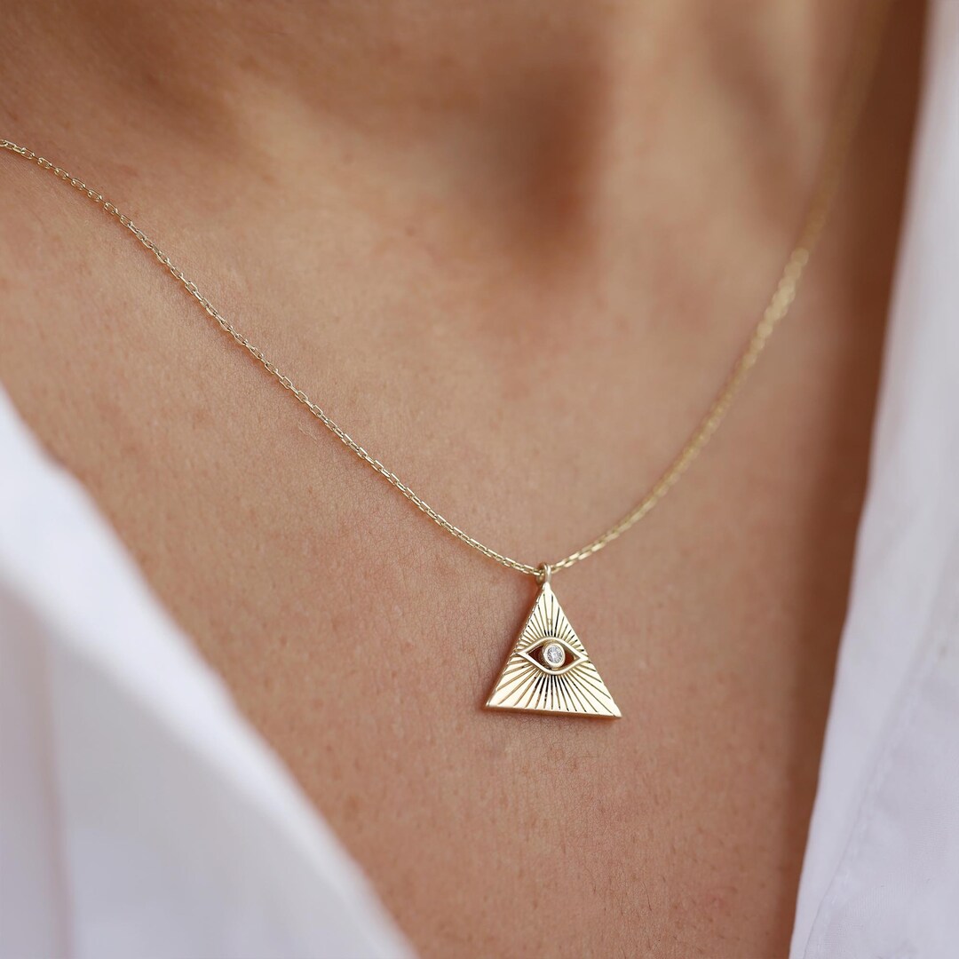 14K Gold Triangle Evil Eye Necklace: Diamond Pyramid Pendant - Etsy