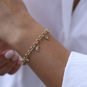 14K Gold 5 Elephants Charm Bracelet, Rolo Chain, Minimalist Fine ...
