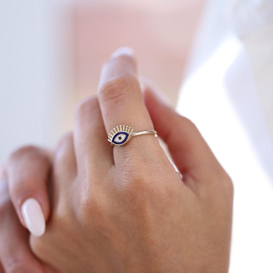 14k Gold Evil Eye Ring, Navy Blue Eye Ring, Gold Enameled Rings ...