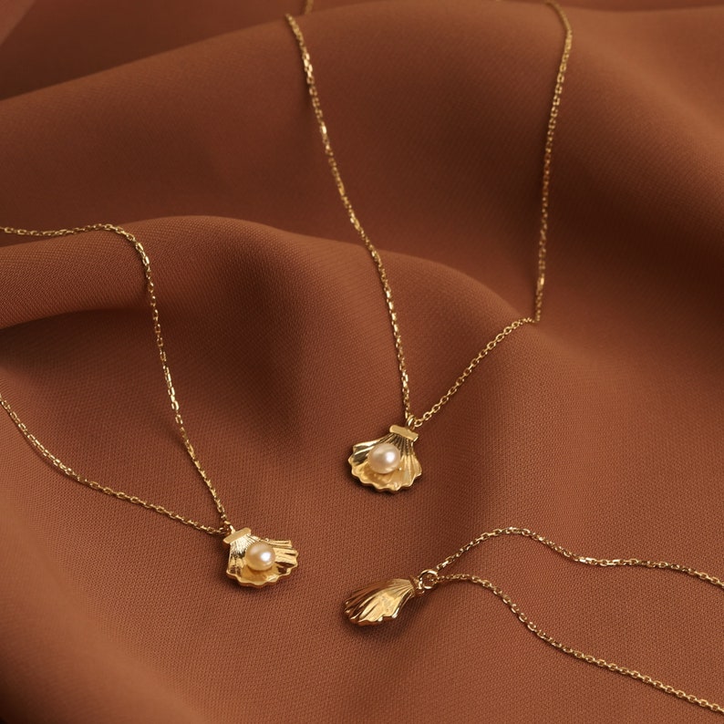 14K Gold Shell Necklace Seashell Pearl Pendant Dainty Gold | Etsy