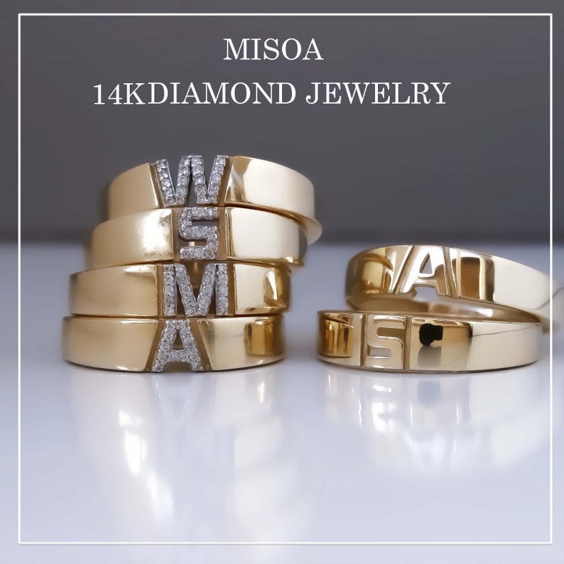 14k Gold Diamond Initial Ring,gold Letter Signet Ring, Personalized ...