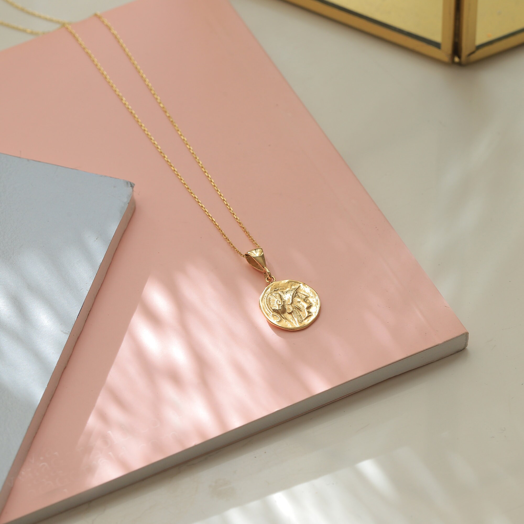 14K Gold Medallion Necklace Antique Gold Coin Pendant | Etsy