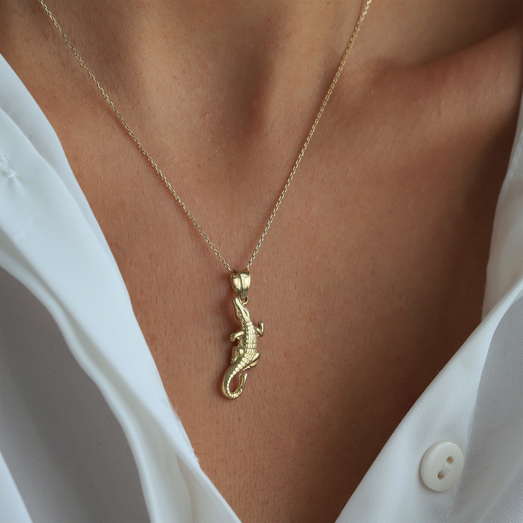 14K Gold Alligator Necklace, Animal Pendant, Real Gold Jewelry, Gift ...
