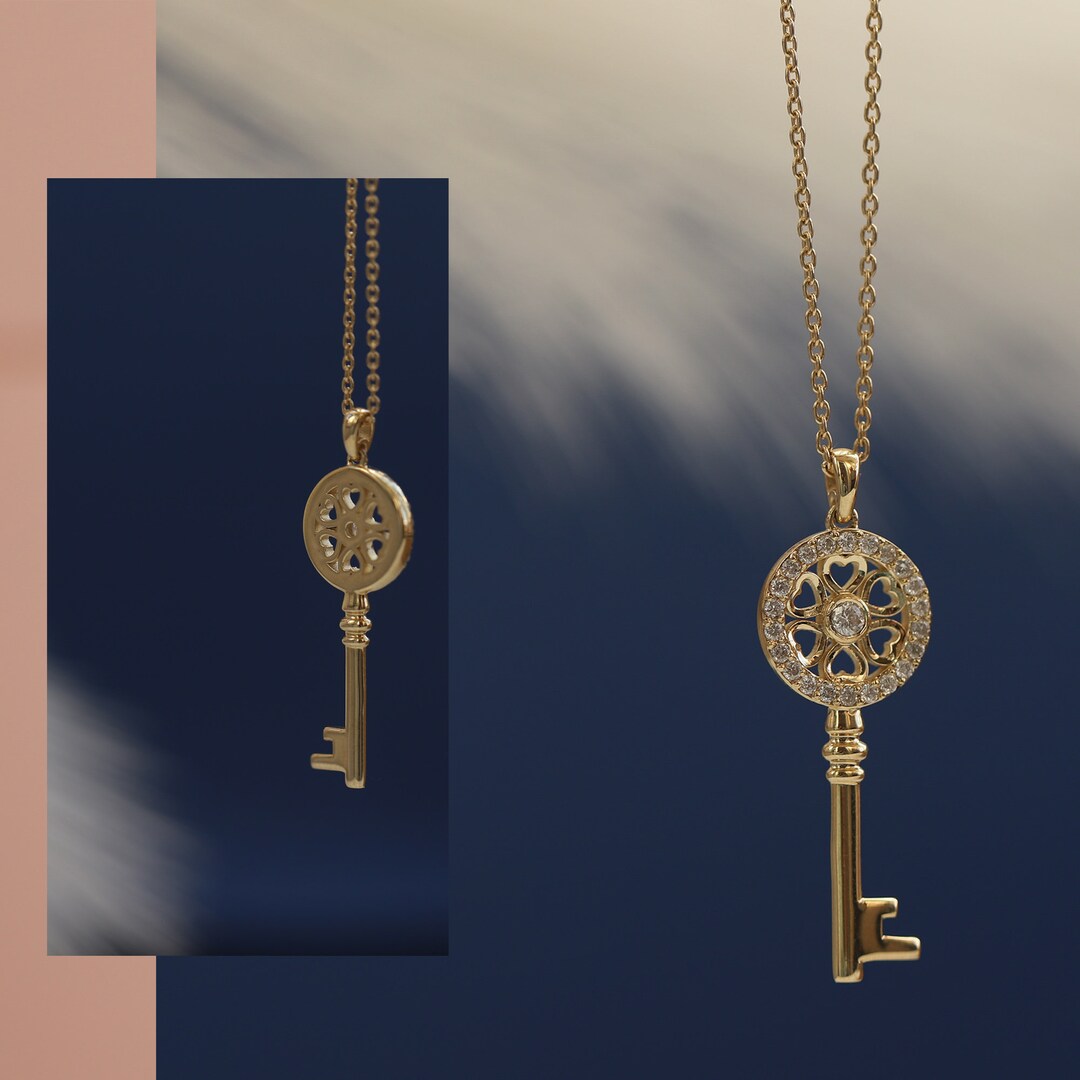 Diamond Key Necklace, 14K Gold Key Pendant, Rose Gold, White Gold ...