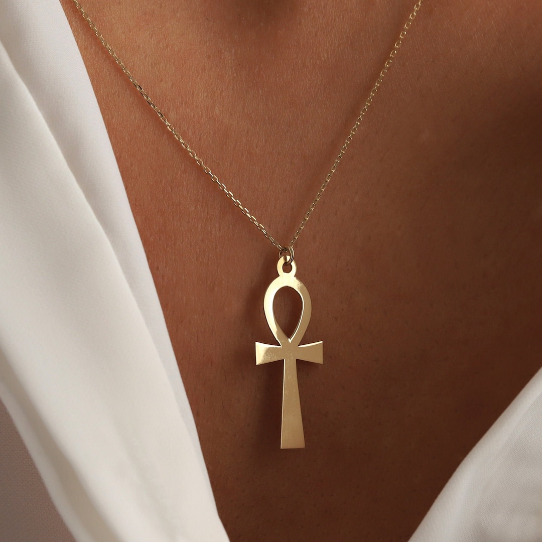 Large Gold Ankh Necklace, 14K Gold Ankh Pendant, Minimalist Jewelry ...