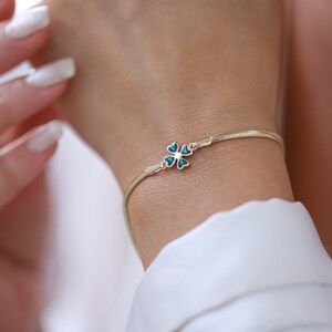 14K Gold & Green Enamel Four-leaf Clover Snake Chain Bracelet, Dainty ...