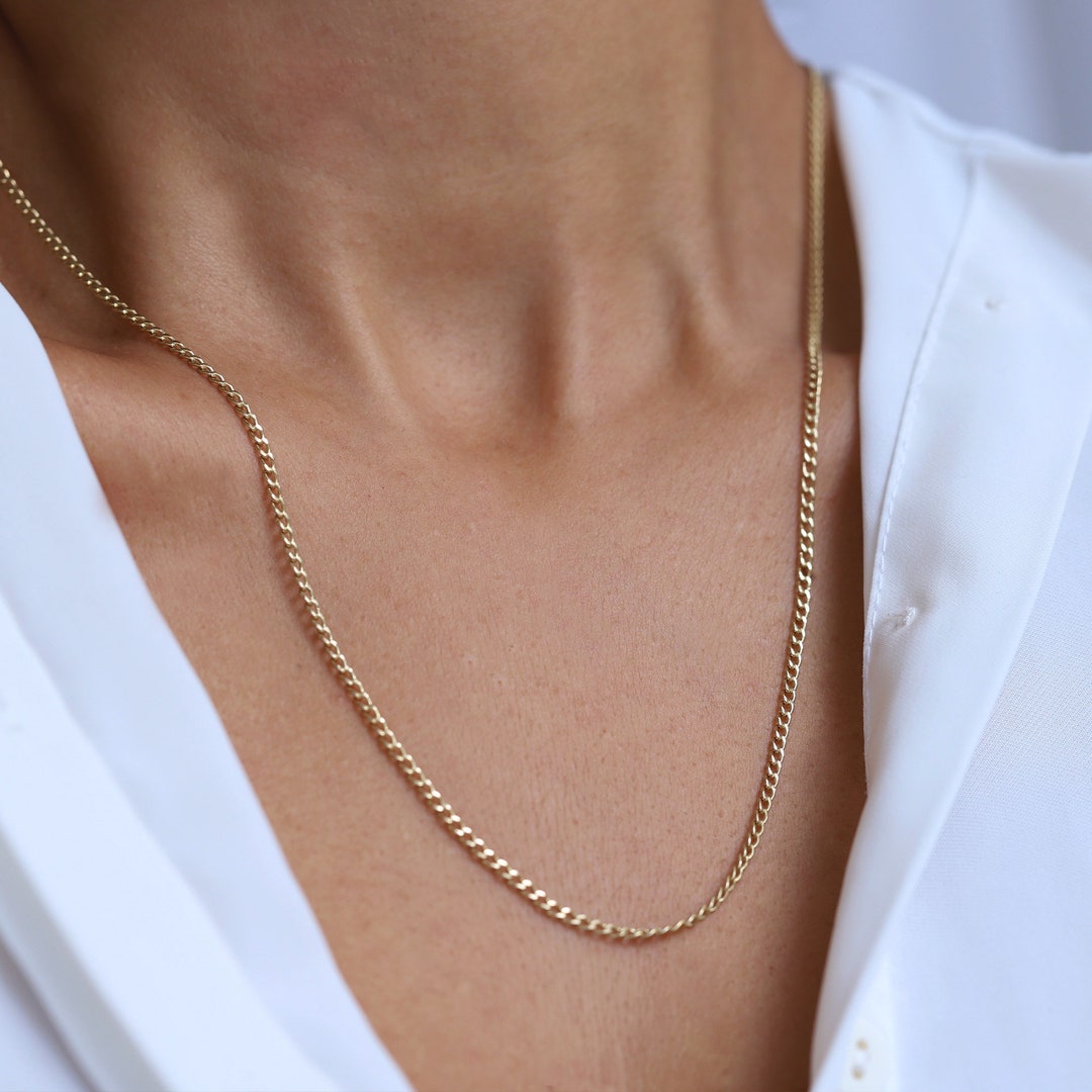 14K Gold Thin Curb Chain Necklace, Real Gold Necklace, Dainty Chain ...