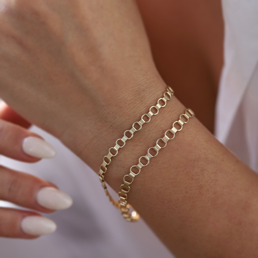 14K Gold Round Link Chain Bracelet, Circle Chain Bracelet, Flat Link ...
