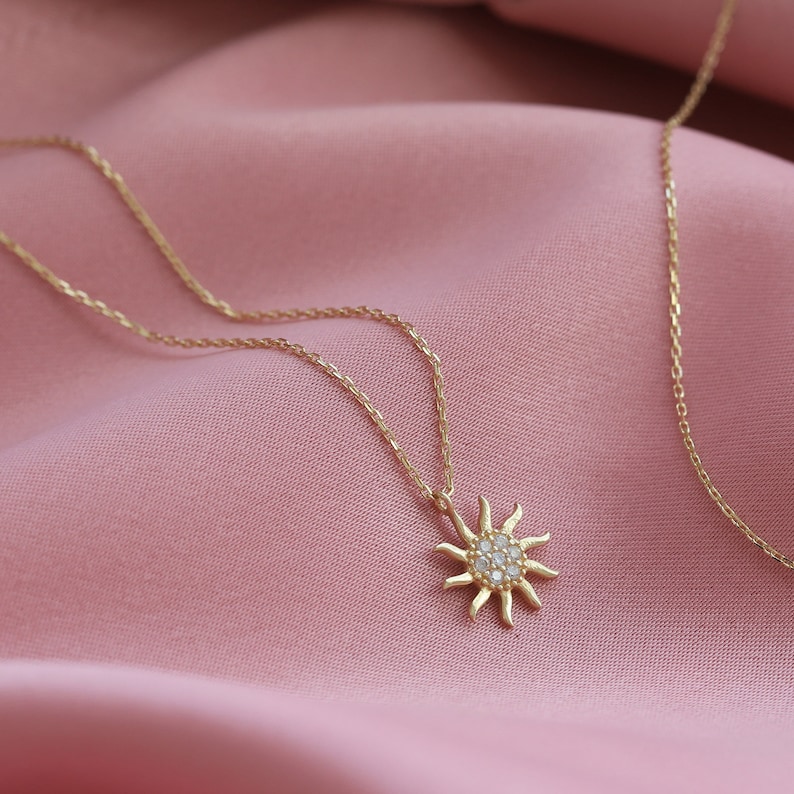 Mini Sun Pendant, 14K Gold Necklace, Celestial, Gift for Her, Real Gold ...