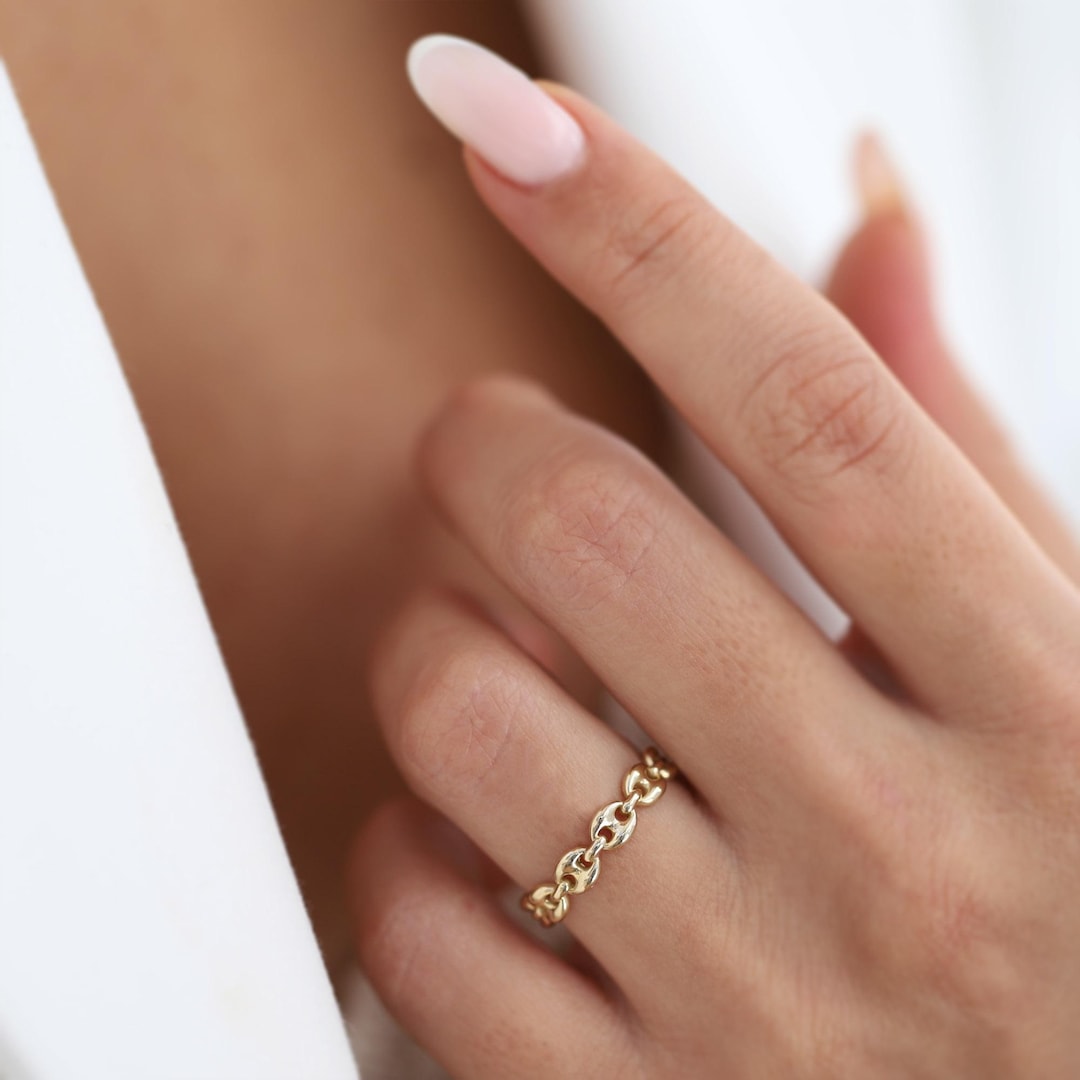 14k Gold Mariner Link Ring, Chunky Cuban Chain - Etsy