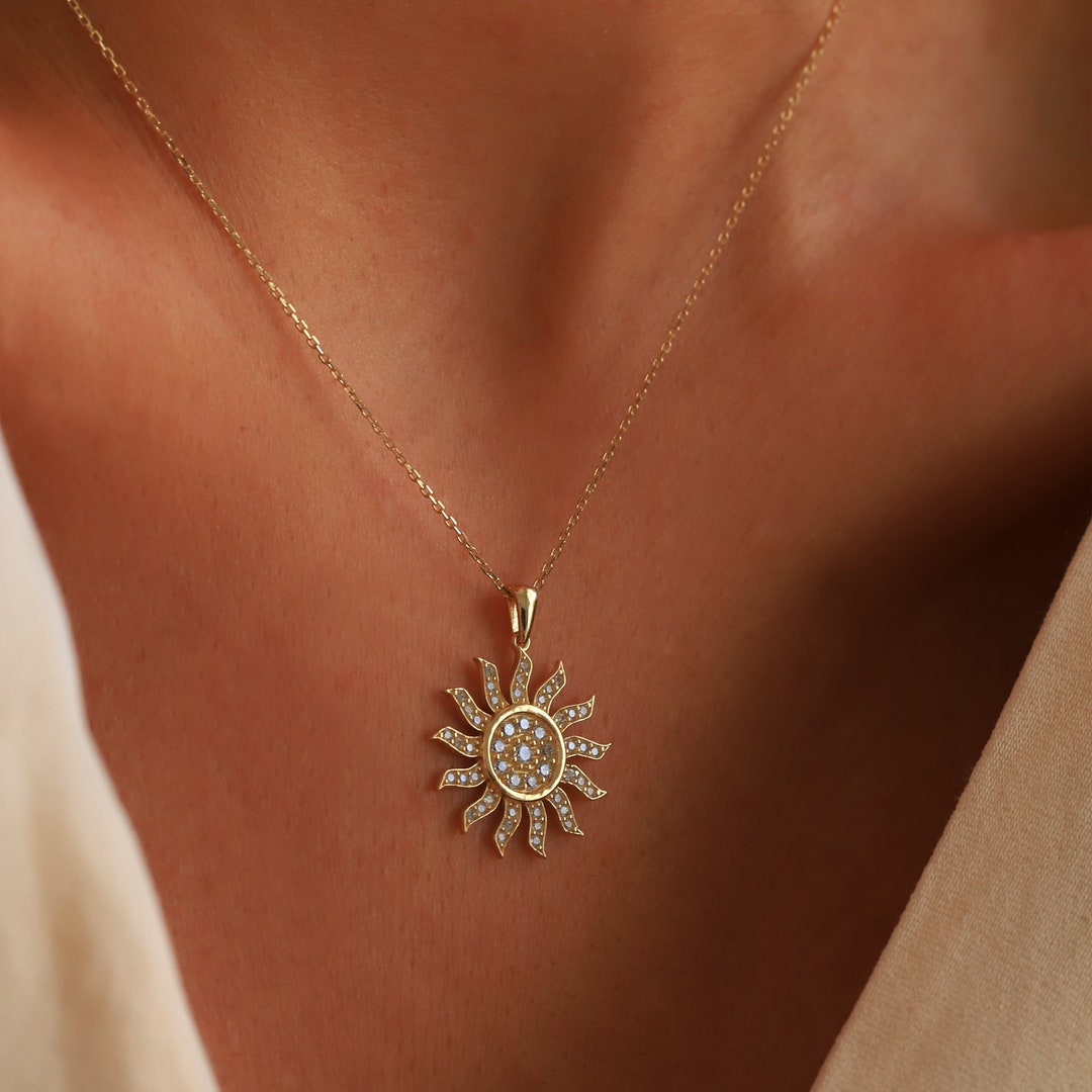Celestial Necklace Sun Pendant 14K Gold Gift for Her Pavé - Etsy